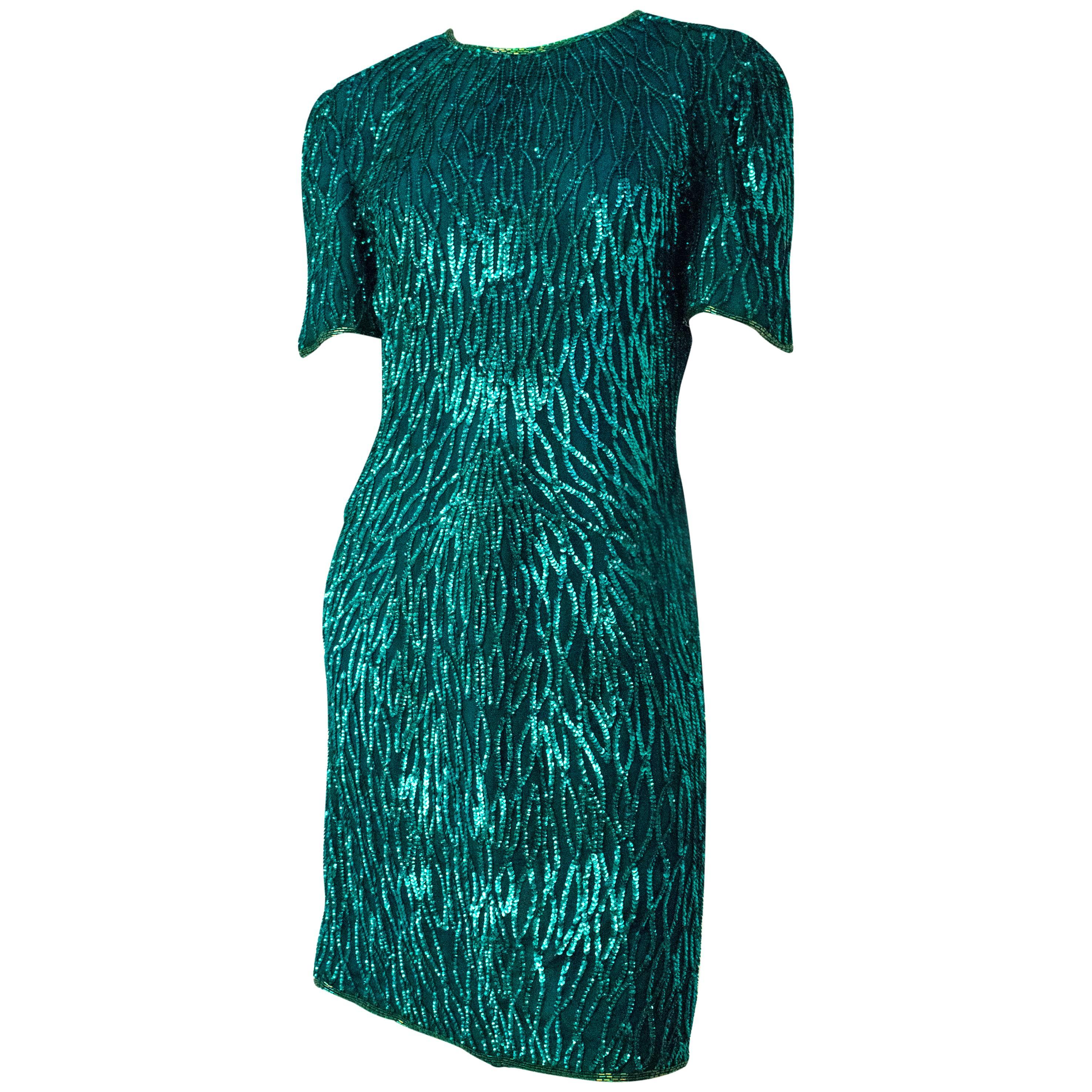 1960's Emerald Green Floral Print Linen Dress with Sequin and Beaded ...