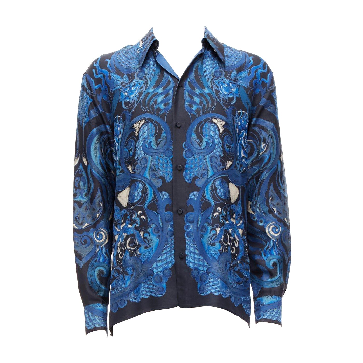 GIANNI VERSACE Vintage blue Medusa logo black silky Barocco shirt IT50 ...