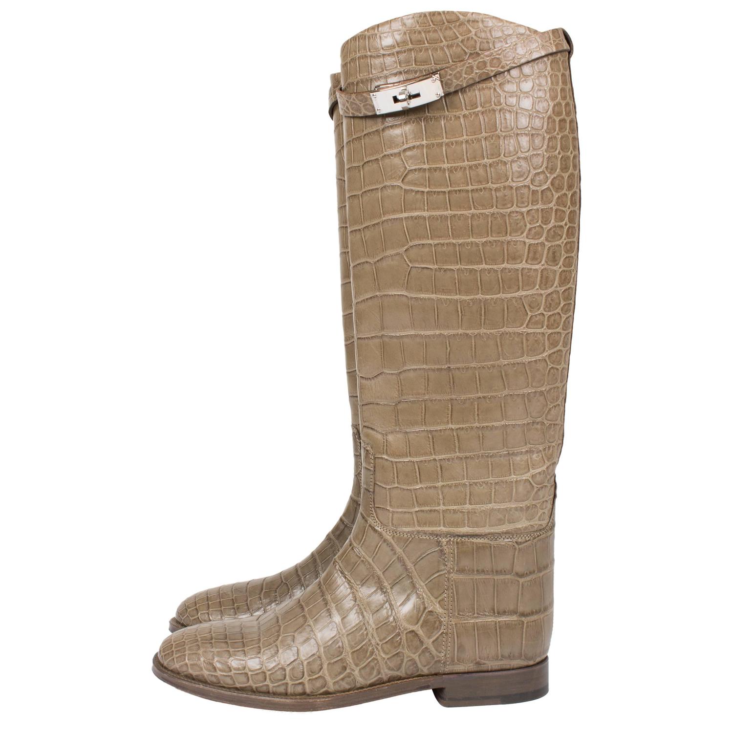 Hermes Jumping Riding Boots Alligator Kelly Taupe Palladium Hardware at ...