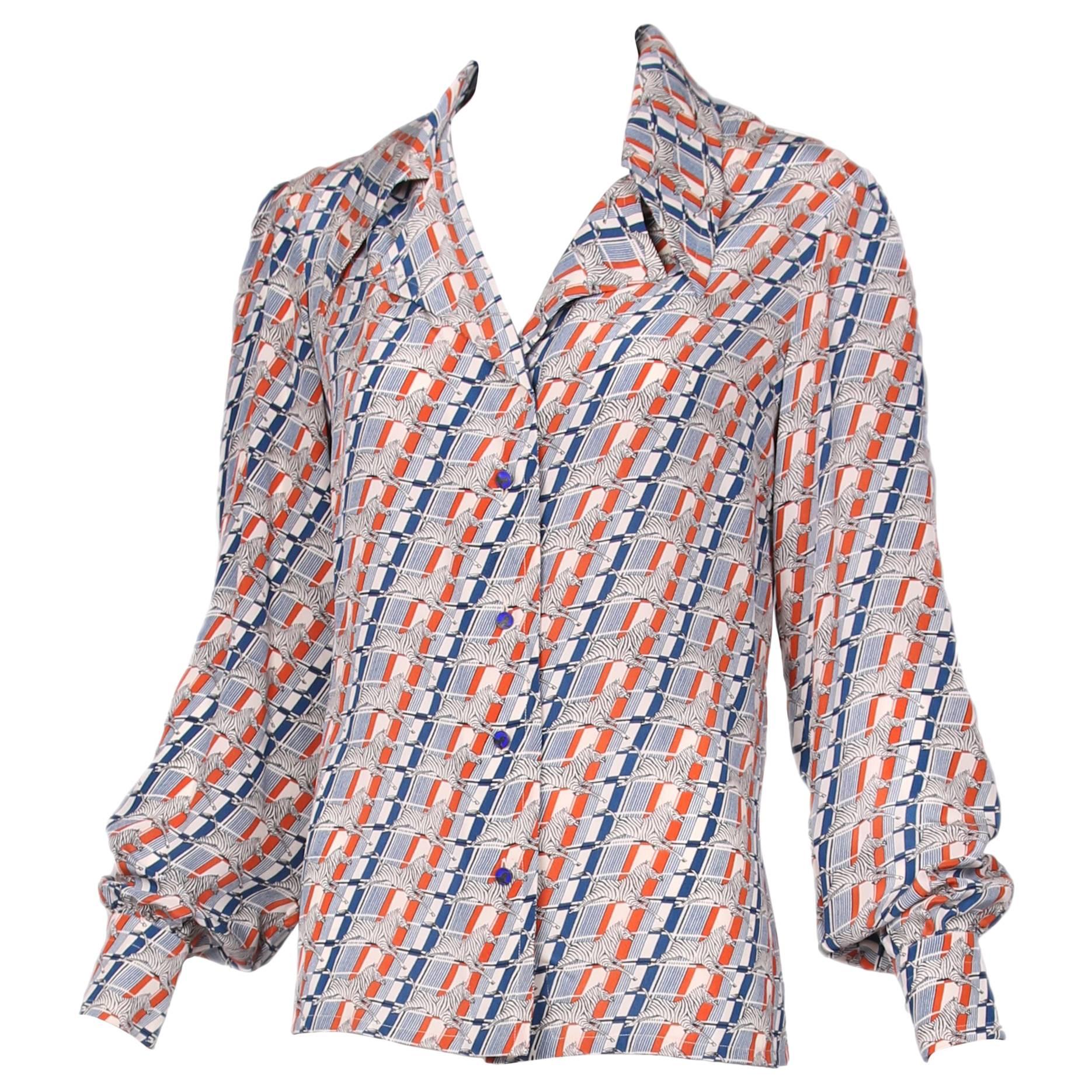 1970's Gucci Striped Silk Blouse W/Zebra Print and Matching Enamel ...