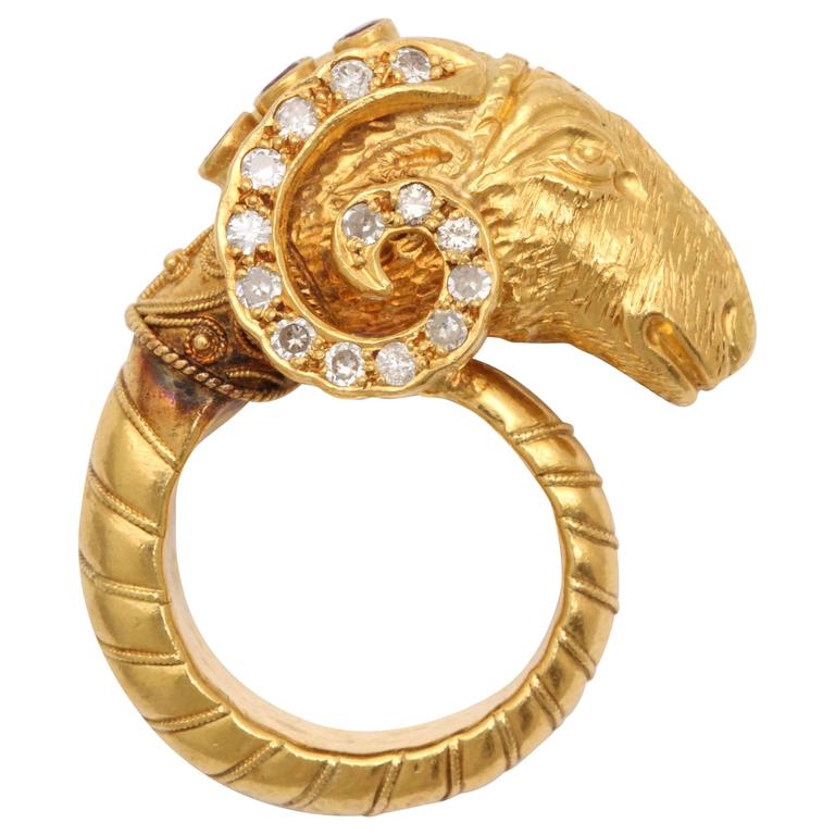 Etruscan Style Gold Ram's-Head Ring with Diamonds and Rubies at 1stDibs