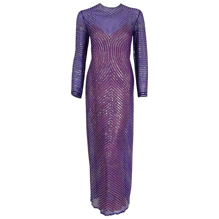 1977 Halston Purple Illusion Sequin Silk Chiffon Long Sleeve Evening Dress Gown At 1stdibs