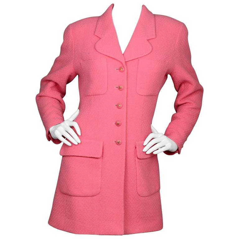 Chanel Pink Boucle Button Up Jacket For Sale at 1stDibs