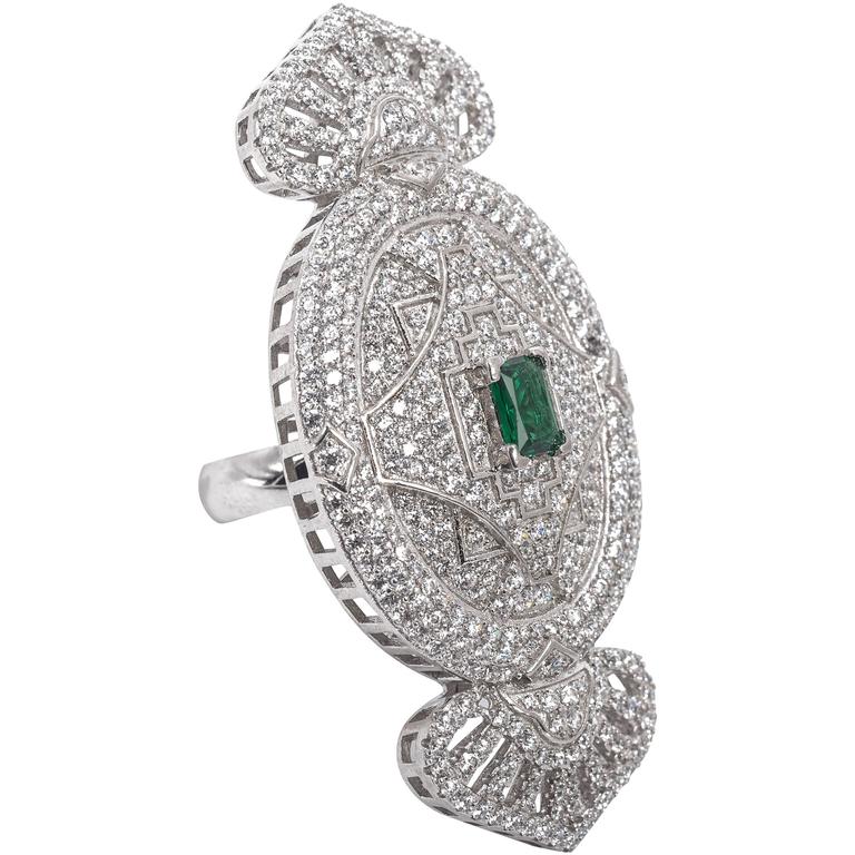 1920s Style Faux Diamond Emerald Large Cocktail Ring For Sale at 1stDibs