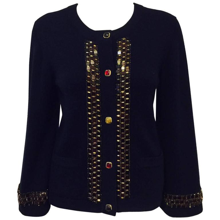 Chanel Navy Cashmere Cardigan W. Multi Color Gripoix Buttons and ...