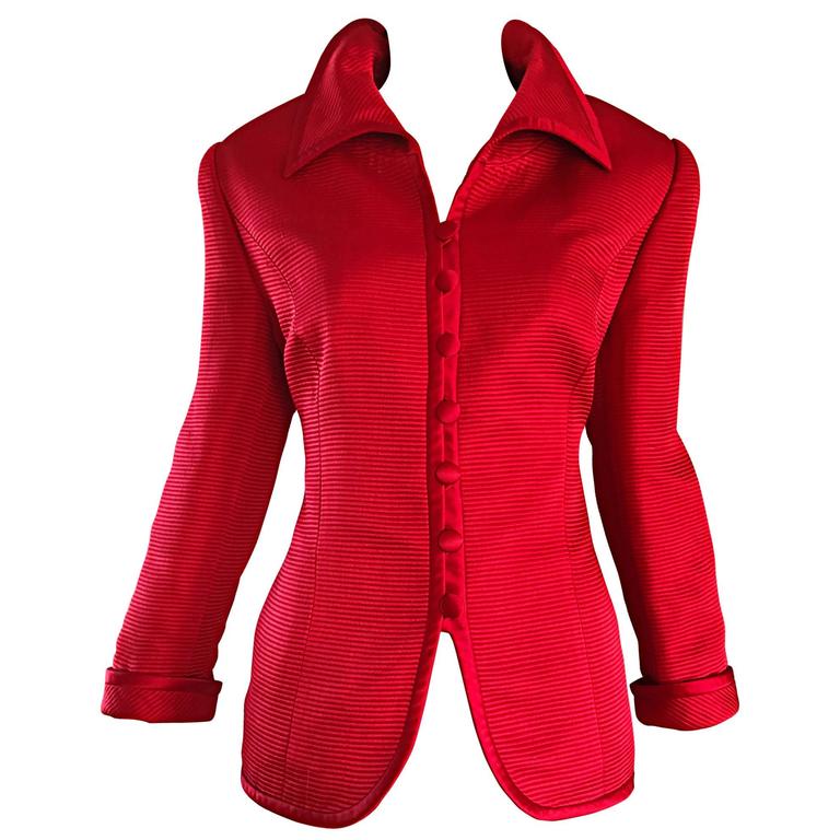 Louis Feraud Size 12 1990s Lipstick Red Vintage Silk + Wool Ribbed ...