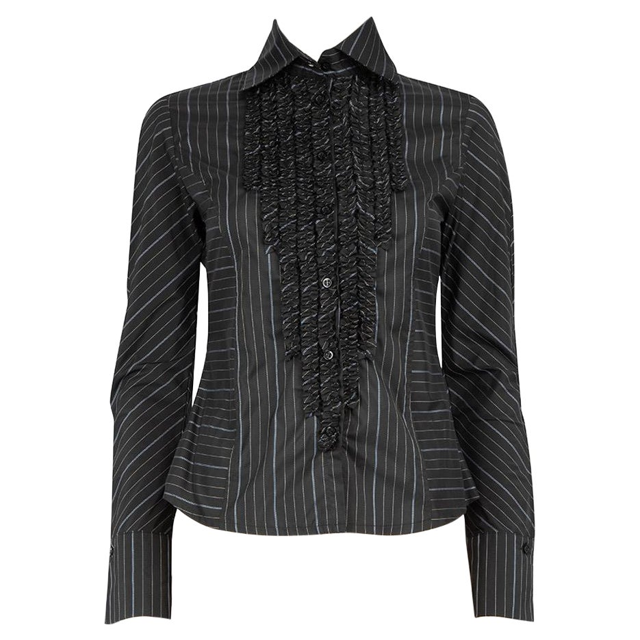 Pinko Black Pinstripe Ruffle Placket Blouse Size S For Sale at 1stDibs