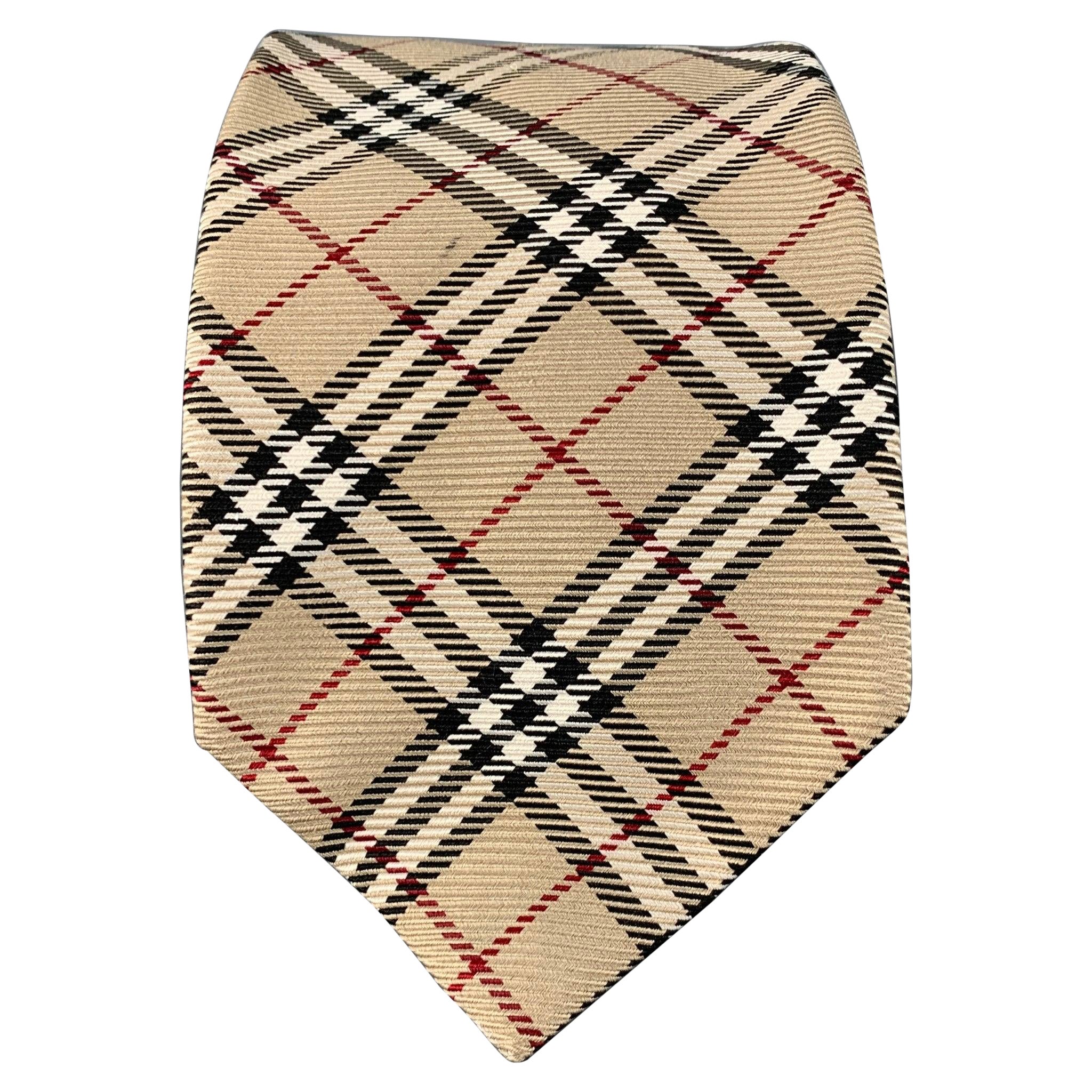 BURBERRY LONDON Beige Black and White Plaid Silk Tie For Sale at 1stDibs