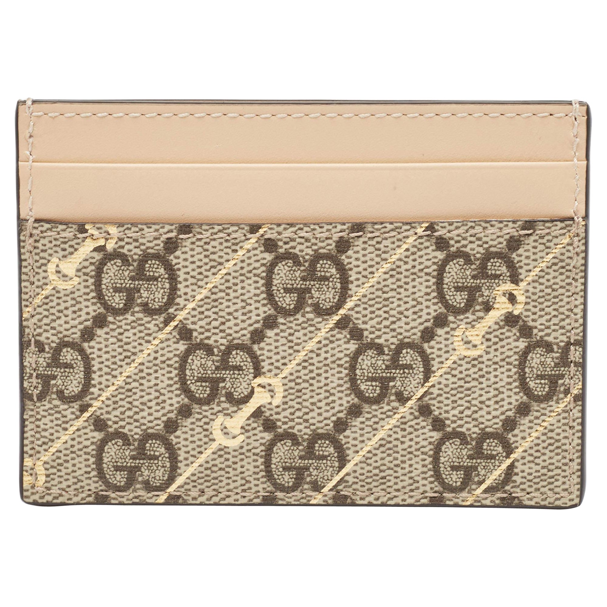Gucci Brown/Beige GG Supreme Canvas and Leather Card Holder For Sale at ...