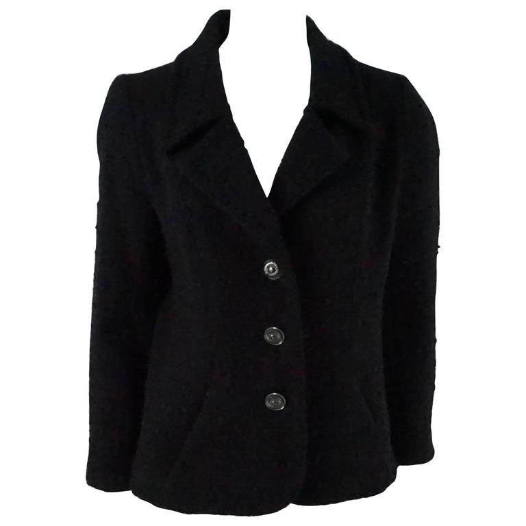 Chanel Black Wool Blend Jacket with Lucite Buttons - 40 at 1stdibs