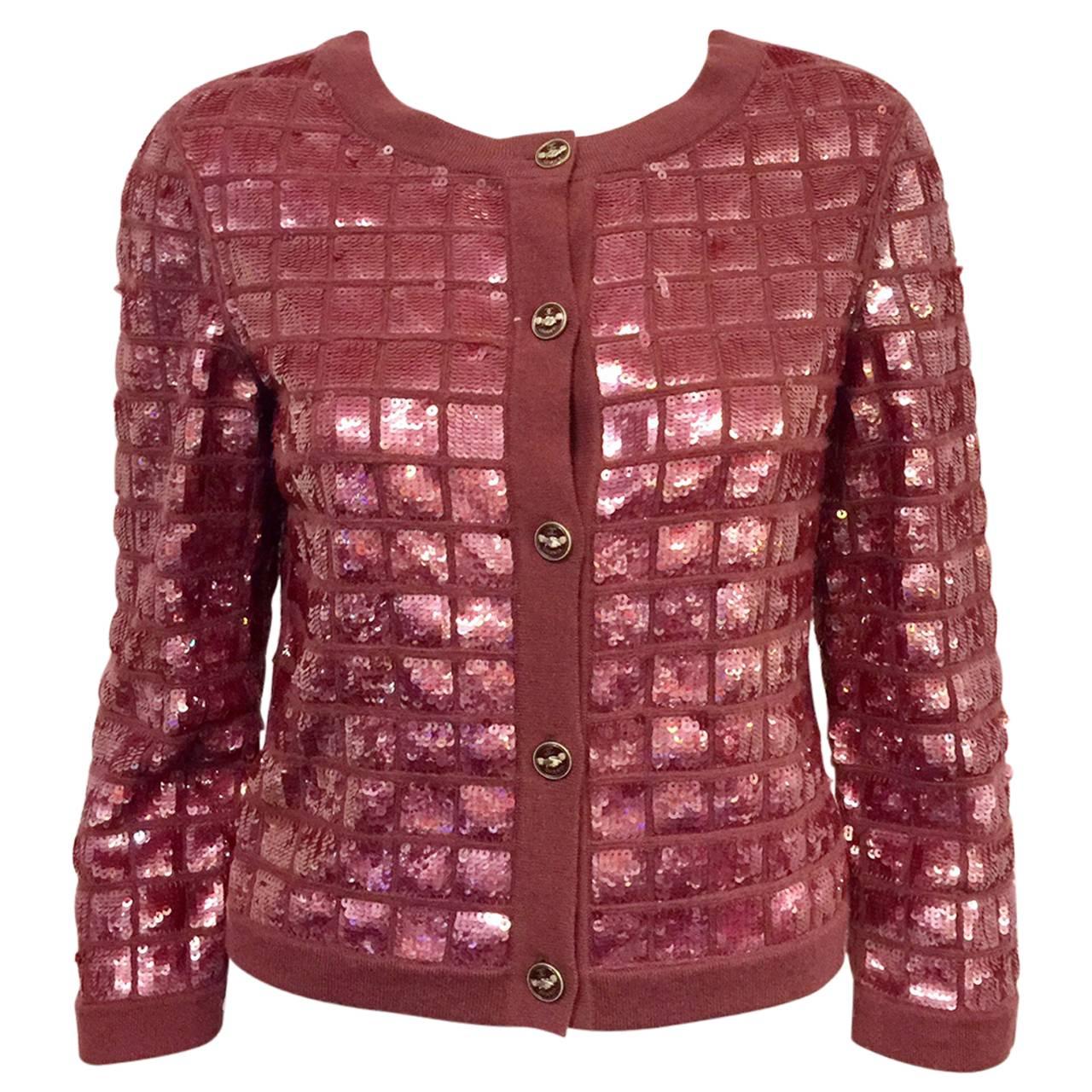 2008 Chanel Med. Burgundy Cashmere Cardigan Iridescent Sequin ...