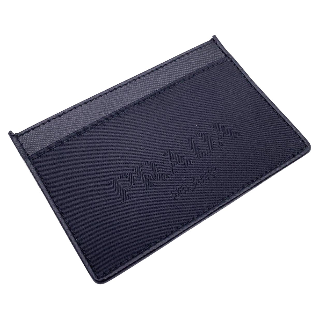 Prada Black Saffiano Leather Logo Nylon Card Holder Wallet For Sale at ...