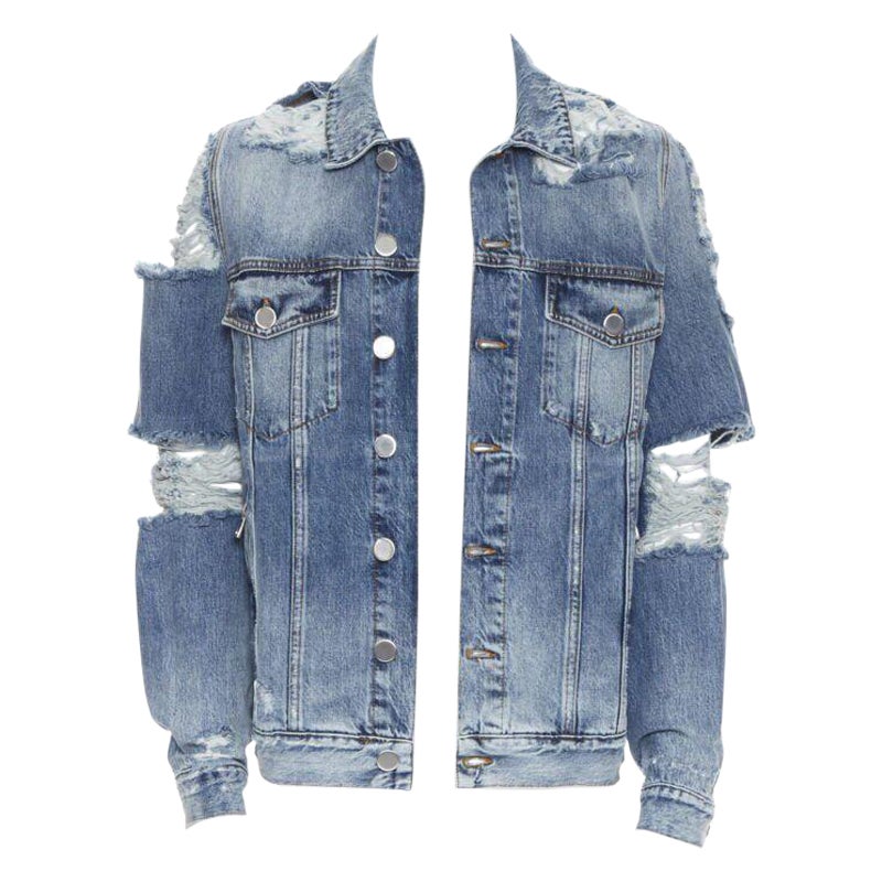 BALMAIN blue washed heavy distressed holey casual cotton denim jacket S ...