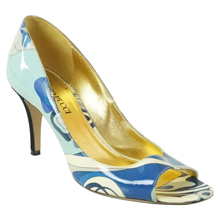 Emilio Pucci Blue Print Patent Peeptoe - 36 For Sale at 1stDibs