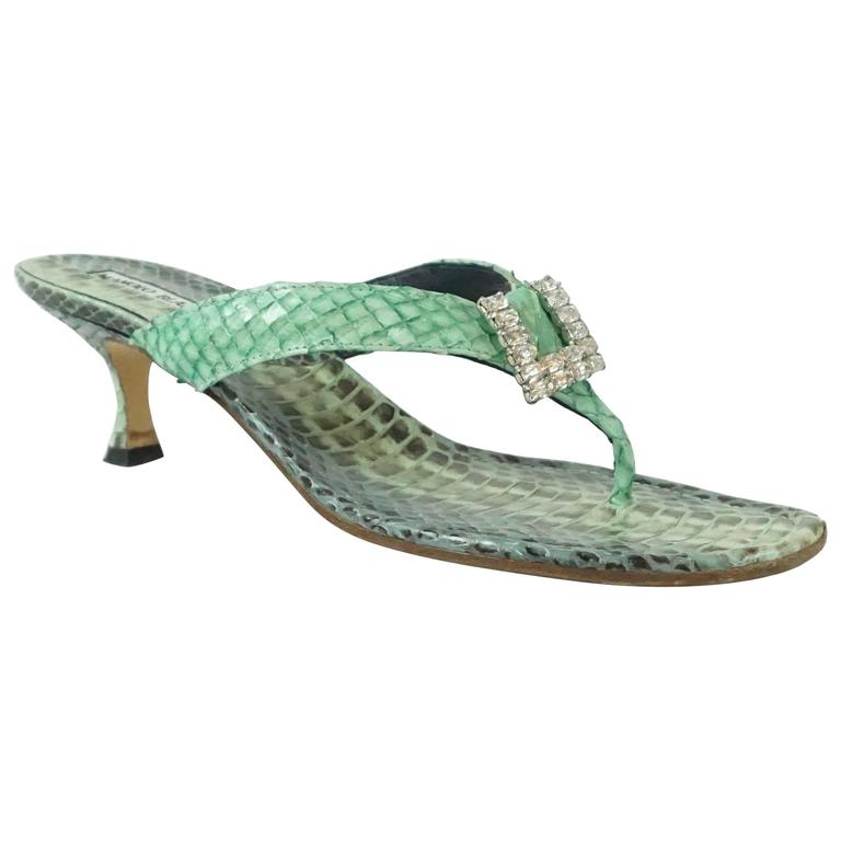Manolo Blahnik Green Snakeskin Thong Sandal with Rhinestones - 38 For ...