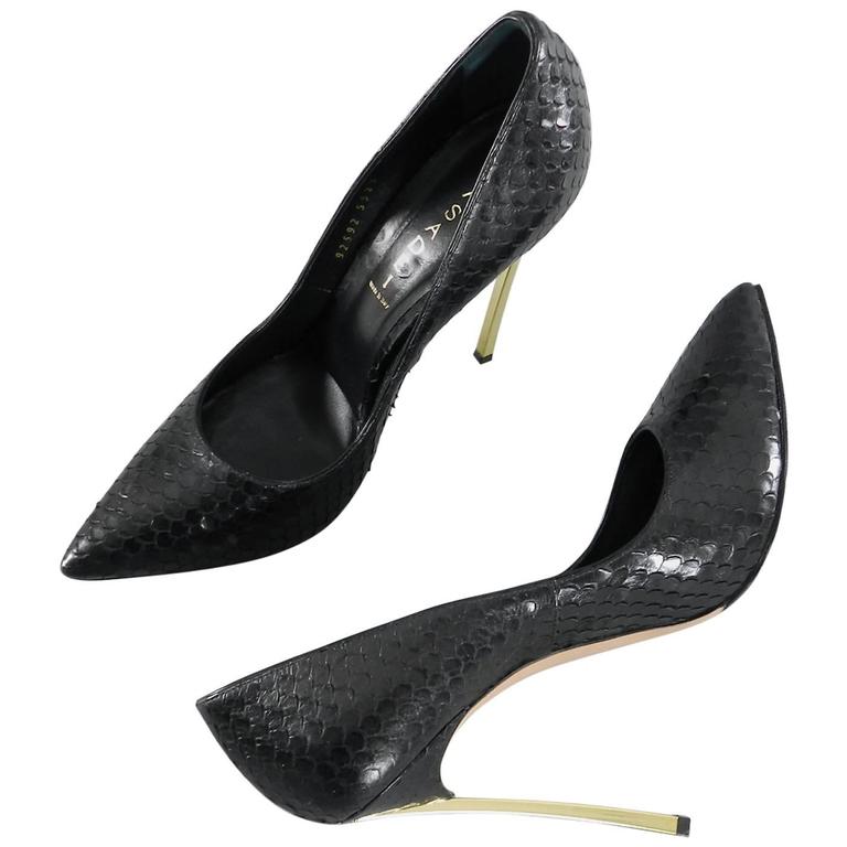 Casadei Black Python Snakeskin Pumps With Gold Metal Stiletto Heel at 1stDibs