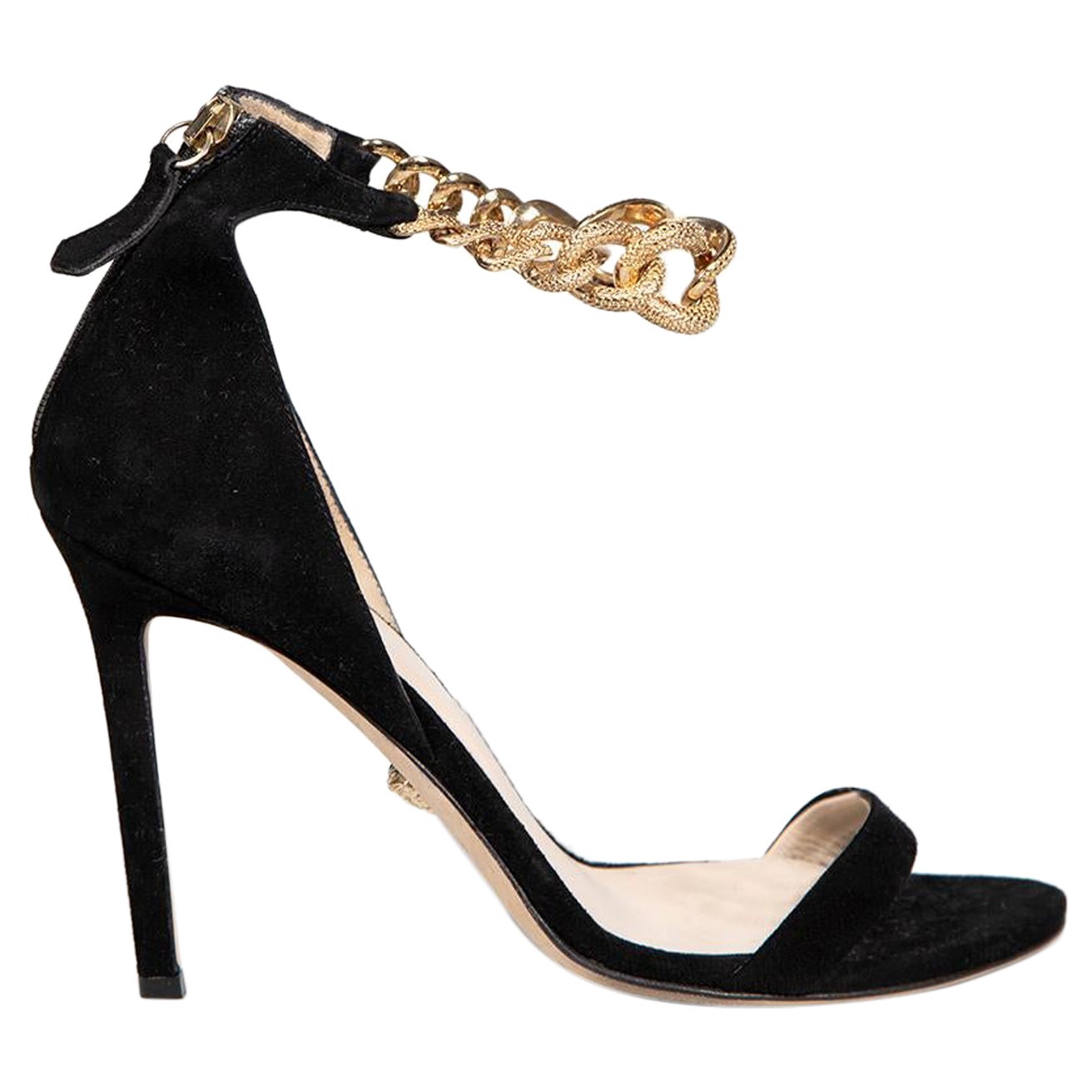 Versace Black Suede Chain Strap Heels Size IT 38 For Sale at 1stDibs