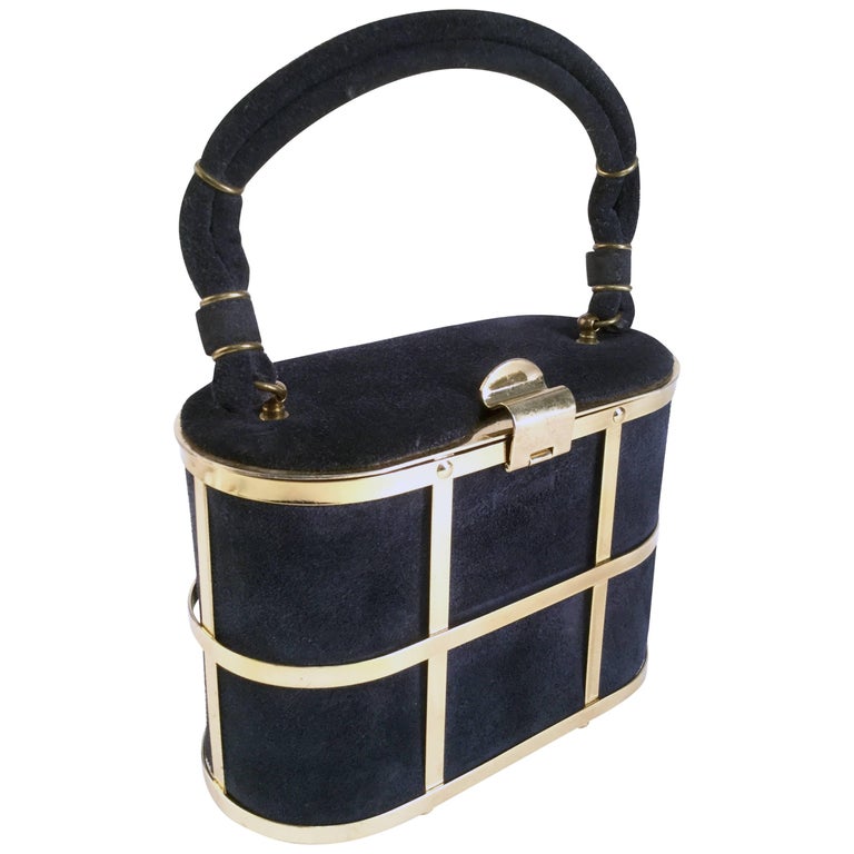 1960s Handbag Navy Blue Suede and Gold Cage Box Purse at 1stDibs ...