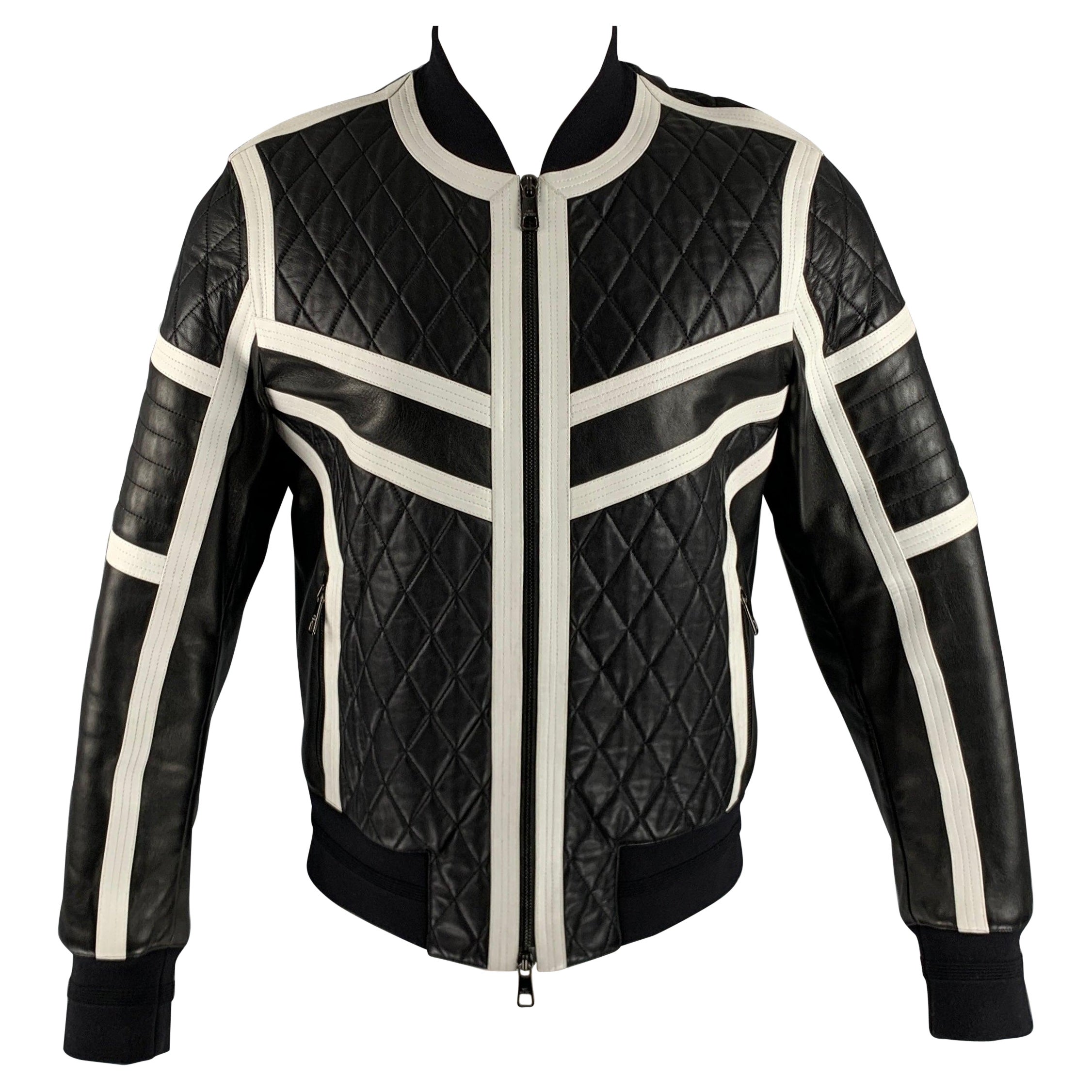 NEIL BARRETT Size M Black White Quilted Leather Zip Up Jacket For Sale ...