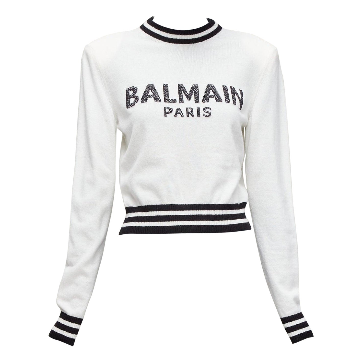 BALMAIN cream black wool cashmere logo padded shoulder sweater FR34 XS ...