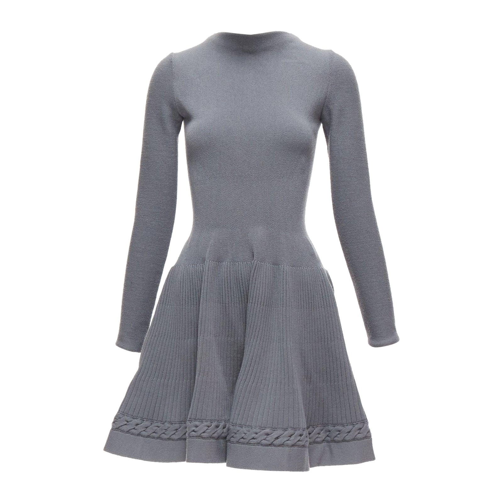ALAIA grey virgin wool blend crew cable fit flare knitted dress FR38 XS For Sale at 1stDibs