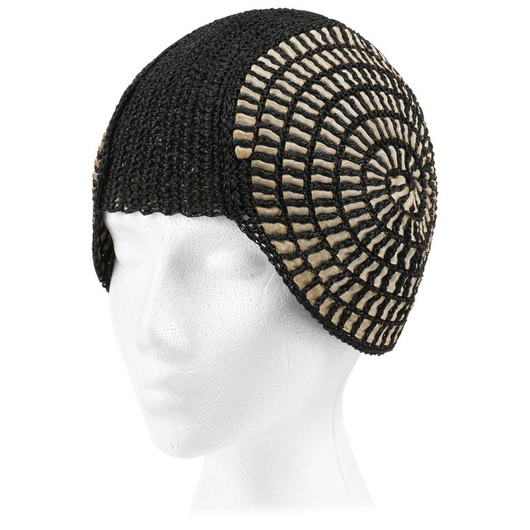 COUTURE c.1920's Black Straw Spiral Woven Ribbon Juliet Cap Flapper ...
