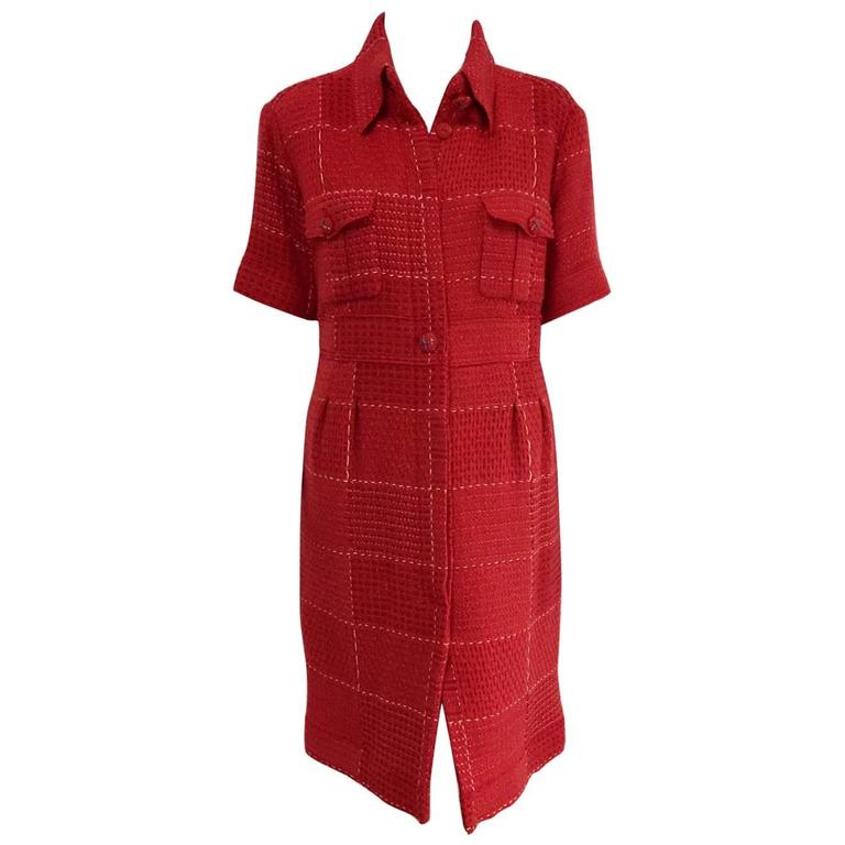 Chanel Strawberry Red Wool Tweed Short Sleeve Shirt Dress With Pockets Chanel Strawberry Red Wool Tweed Short Sleeve Shirt Dress With Pockets