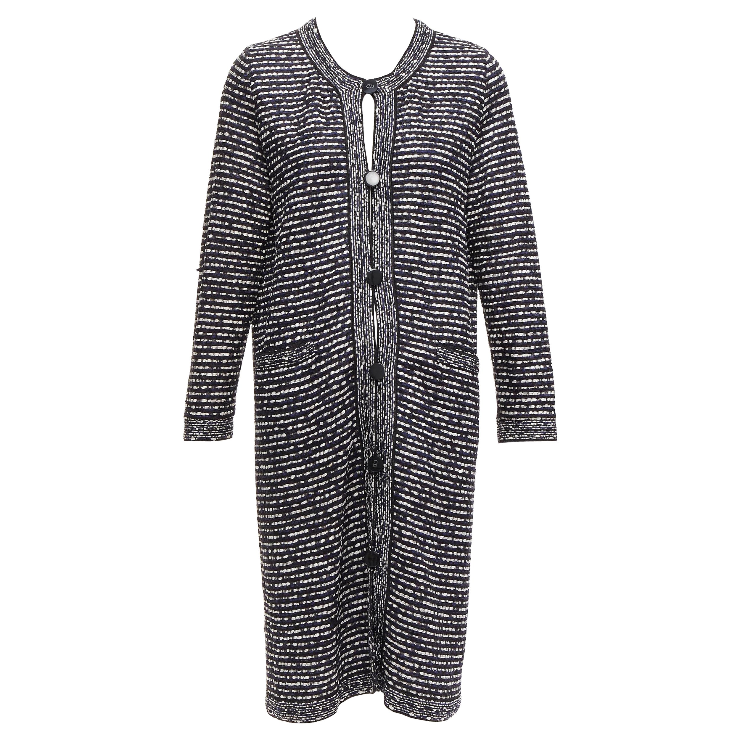 CHRISTIAN DIOR navy white light weave CD logo button long coat FR42 XL ...