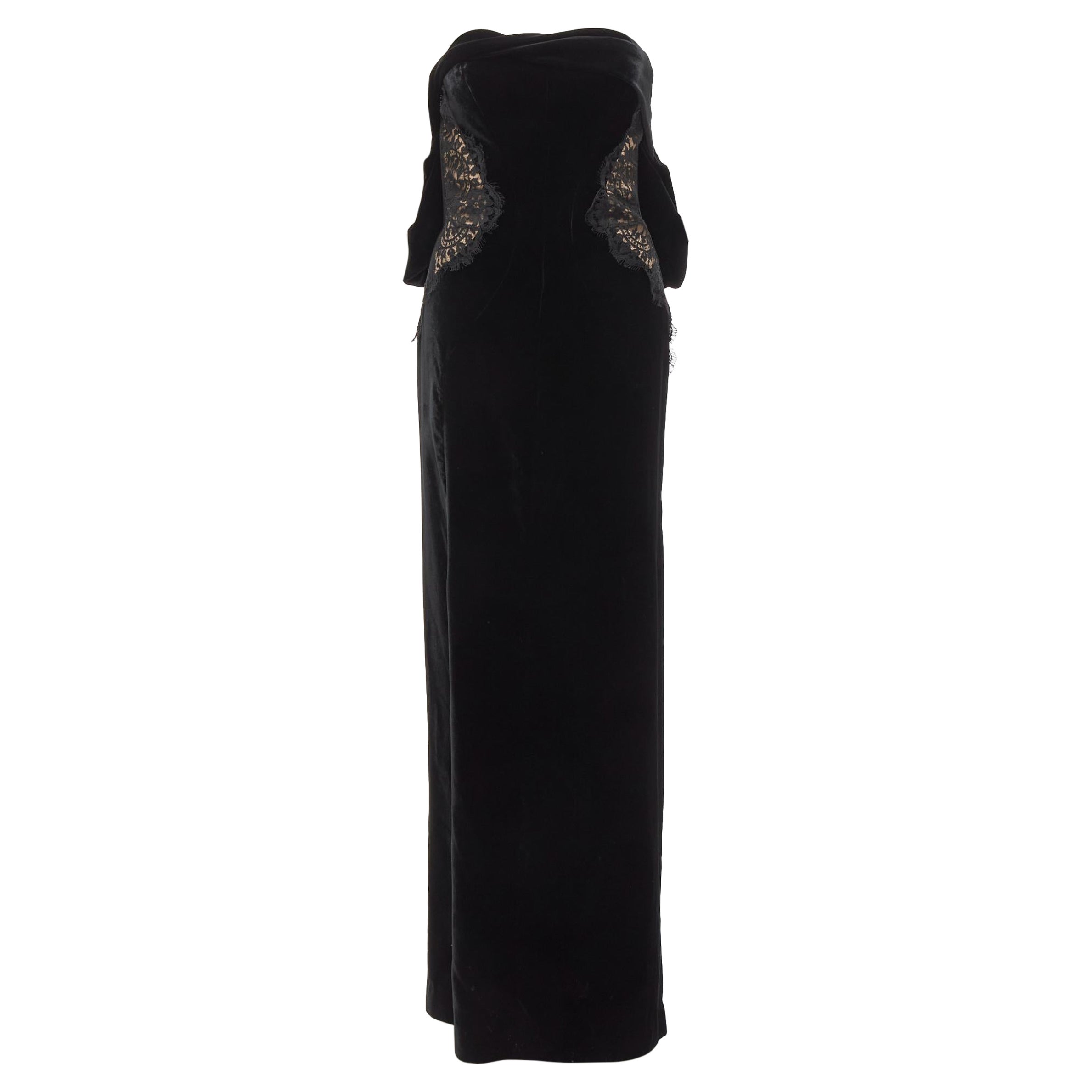 TOM FORD black satin velvet bow bustle illusion lace trim long column ...