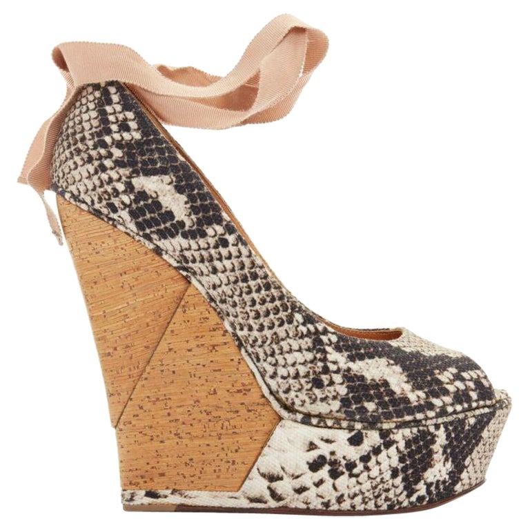 LANVIN ALBER ELBAZ 2011 scaled leather print wedge ribbon ankle strap ...