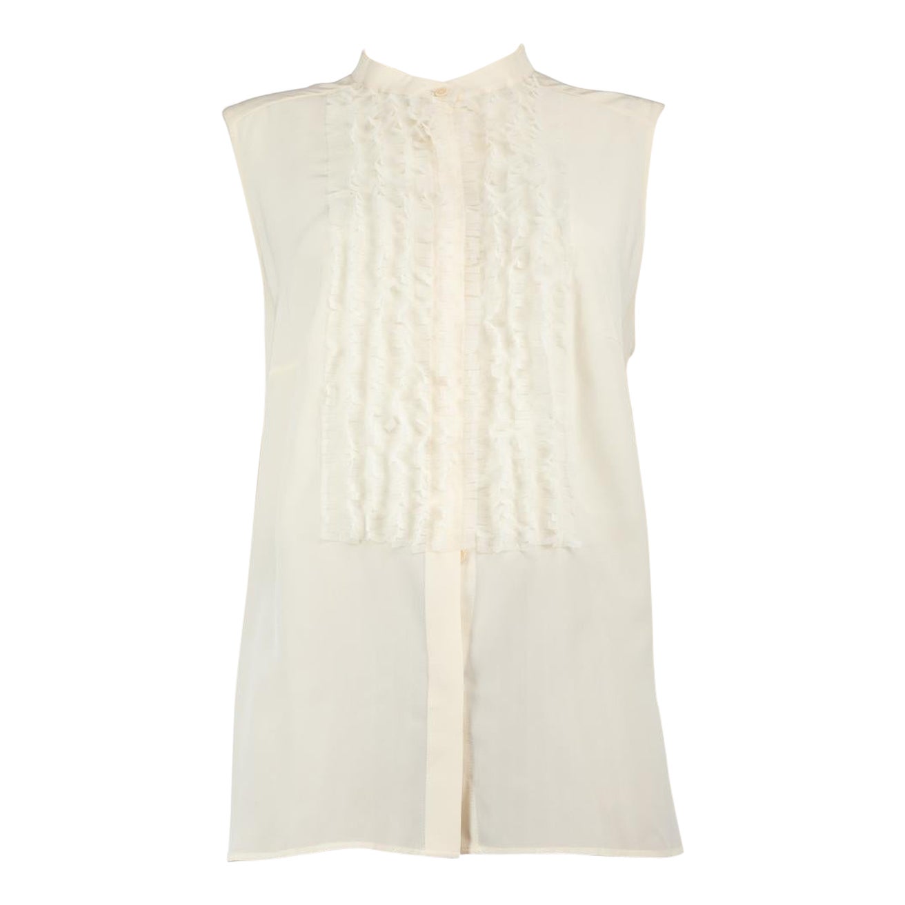 Akris Ecru Silk Sleeveless Ruffle Trim Shirt Size XXXL For Sale at 1stDibs