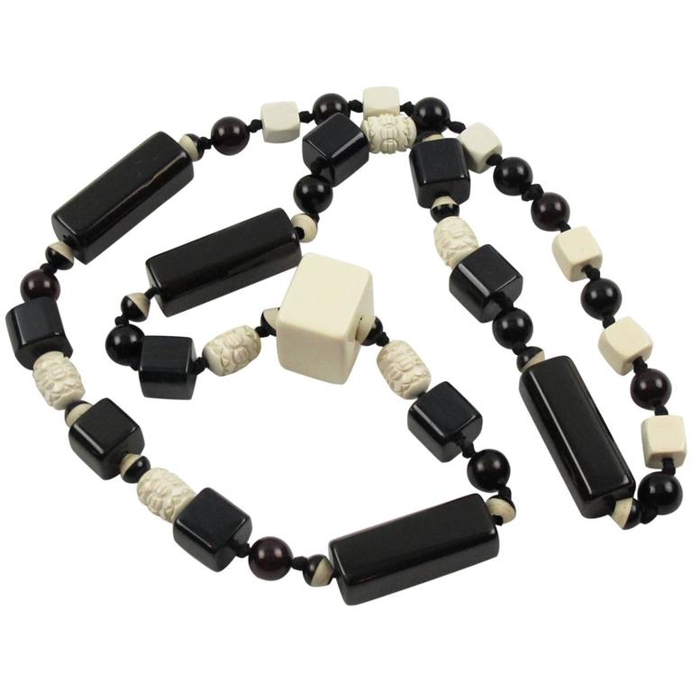 Bakelite Galalith Necklace Extra Long Shape Black and White Carved ...