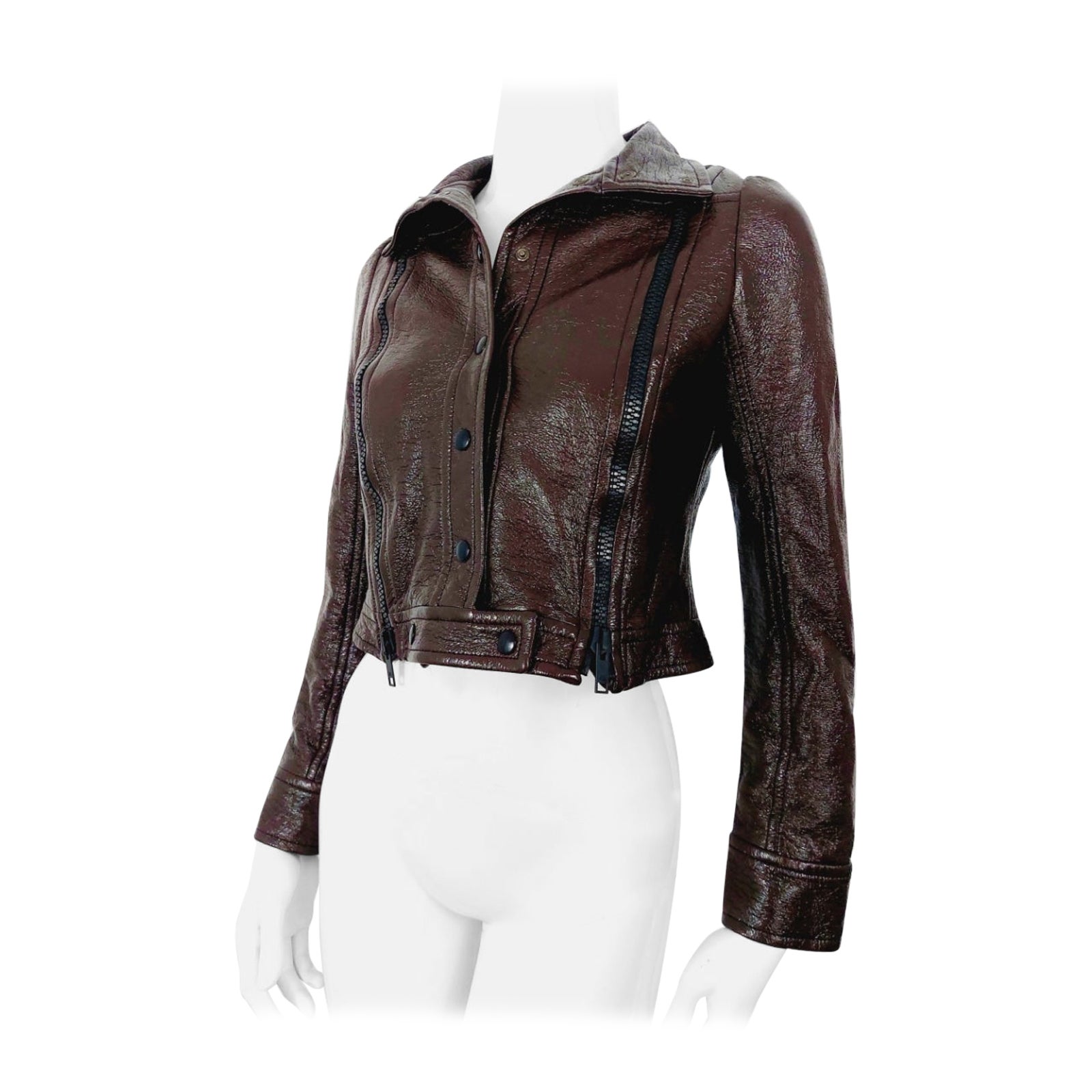 Curréges Paris Brown Shiny Wet Look Logo Mod Vinyl Faux Leather Zip ...