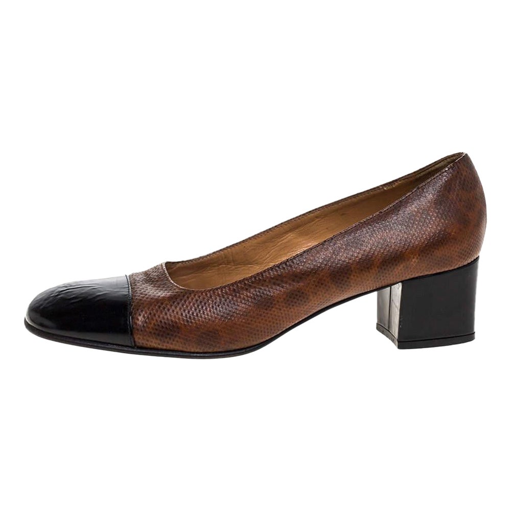 Casadei Brown Embossed Leather And Black Patent Cap Toe Pumps Size 38 ...