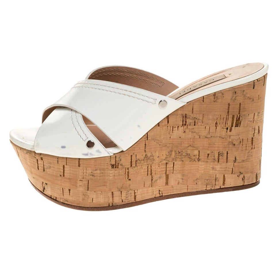 Casadei White Criss Cross Patent Leather Cork Wedge Sandals Size 35 For ...