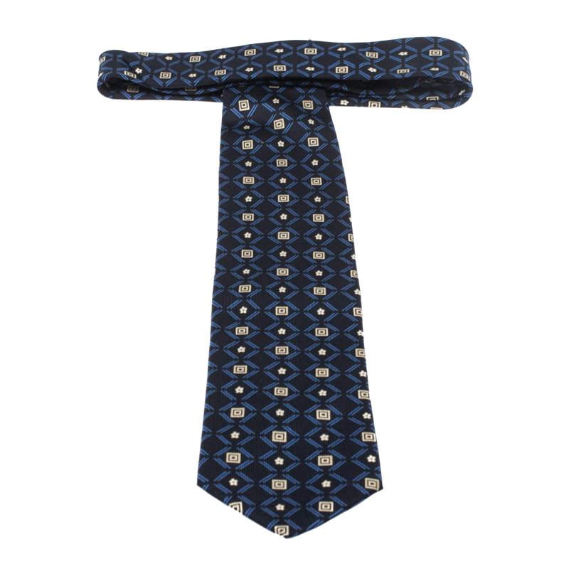 Brioni Vintage Blue Geometric Print Silk Tie For Sale at 1stDibs