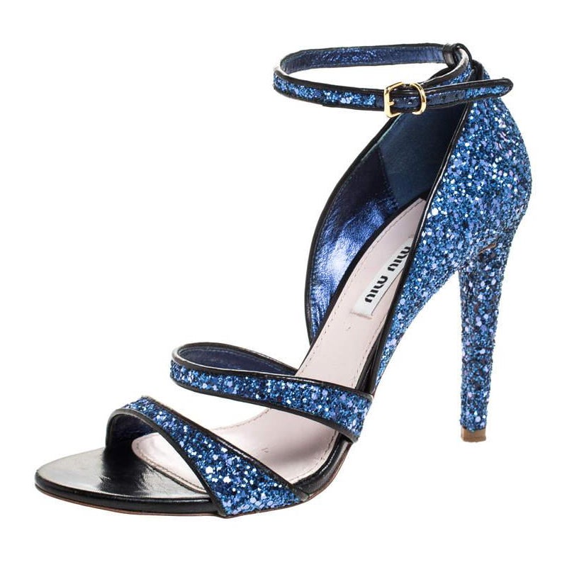 Miu Miu Metallic Blue Coarse Glitter Ankle Strap Sandals Size 38.5 For ...