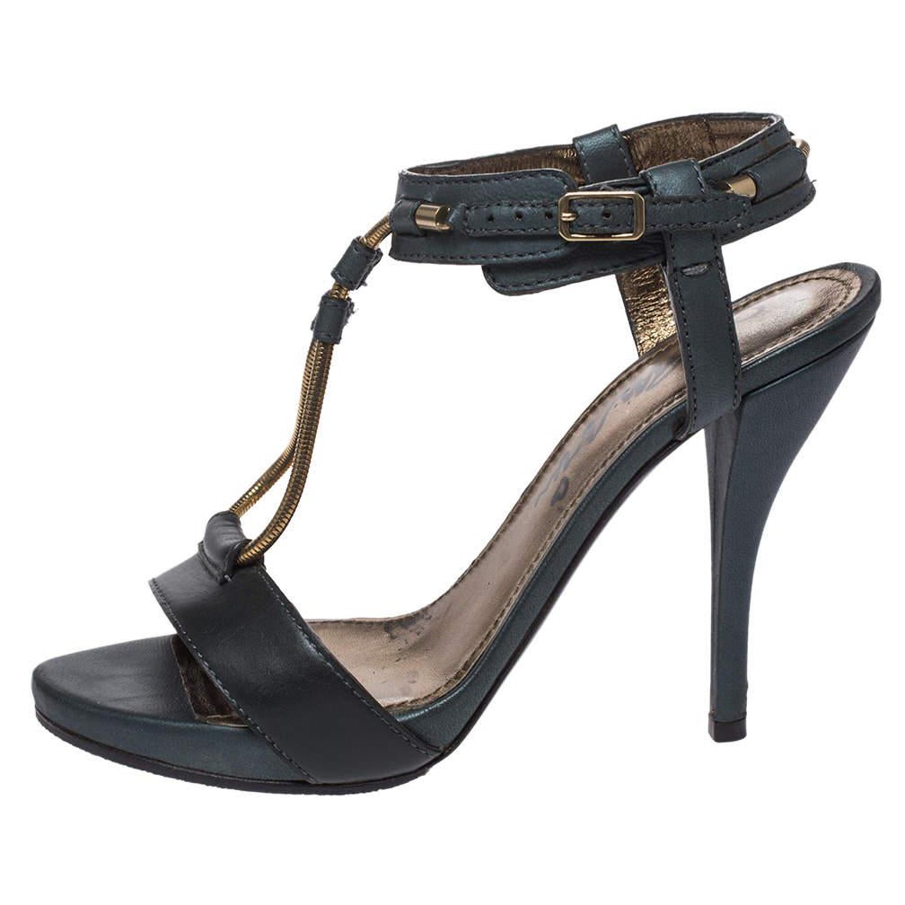 Lanvin Dark Green Leather and Metal String T-Strap Sandals Size 35.5 ...