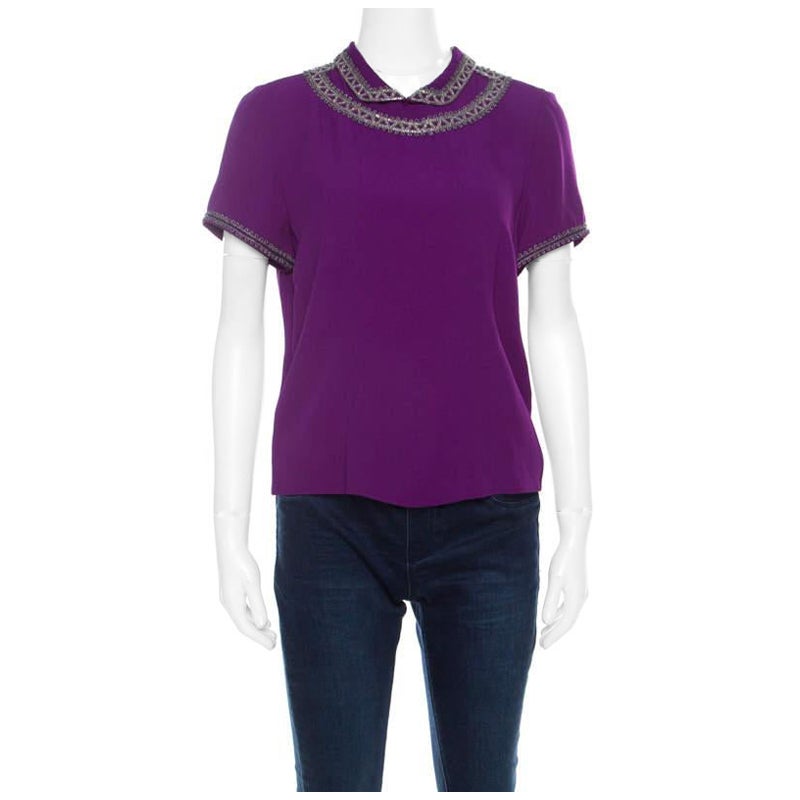 Isabel Marant Purple Silk Embellished Collar Half Sleeve Top L For Sale ...