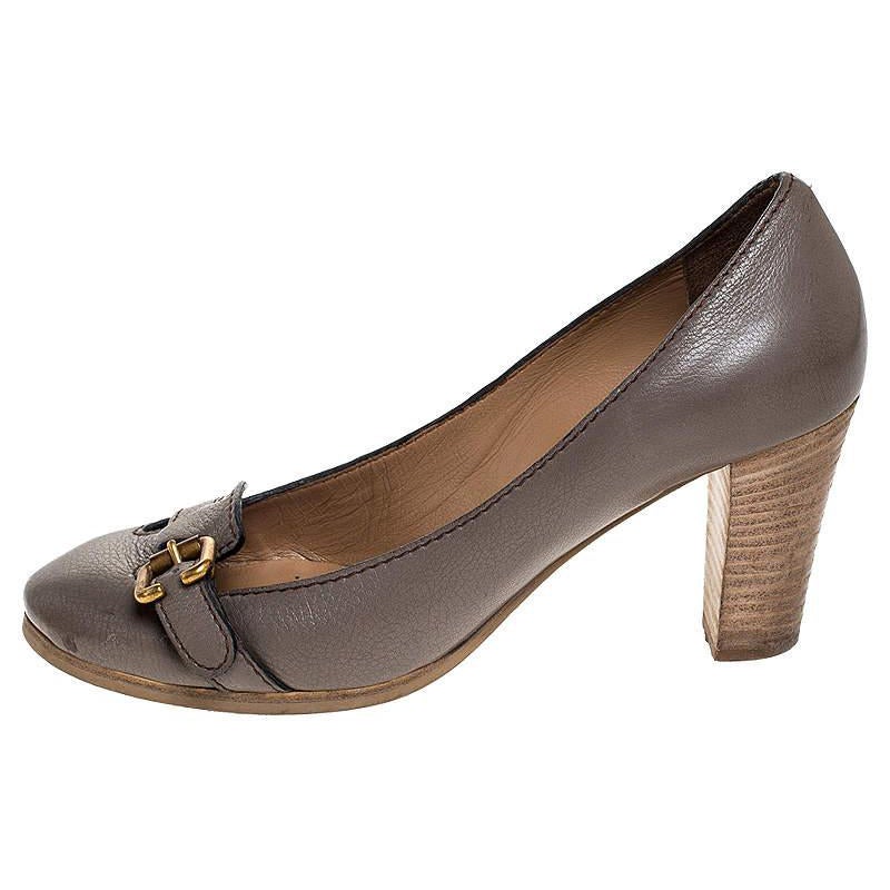 Chloe Grey Leather Buckle Detail Block Heel Pumps Size 37 For Sale at ...