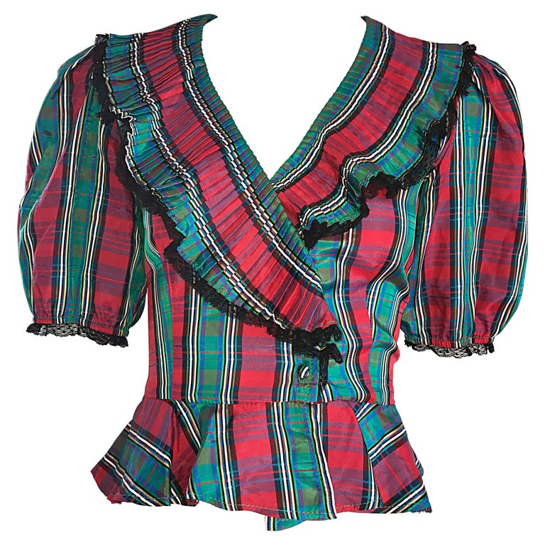 Chic 1970s Red and Green Plaid Taffeta + Lace Victorian Revival Vintage ...