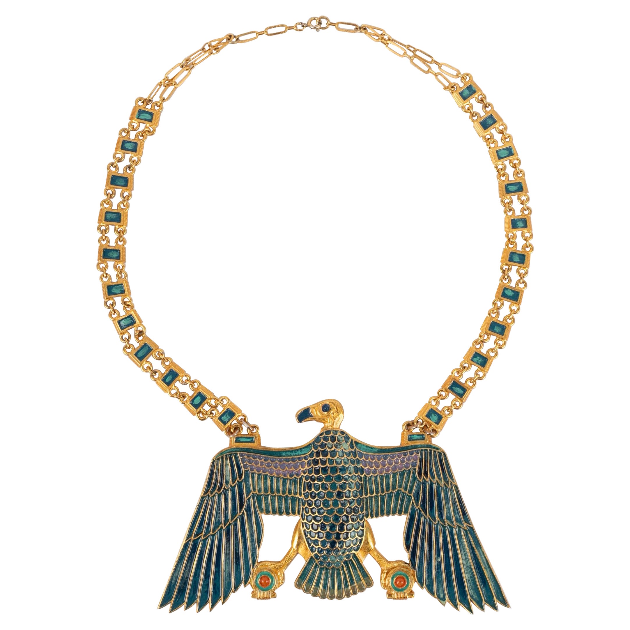 Burma Enameled Golden Metal Egyptian Necklace For Sale at 1stDibs