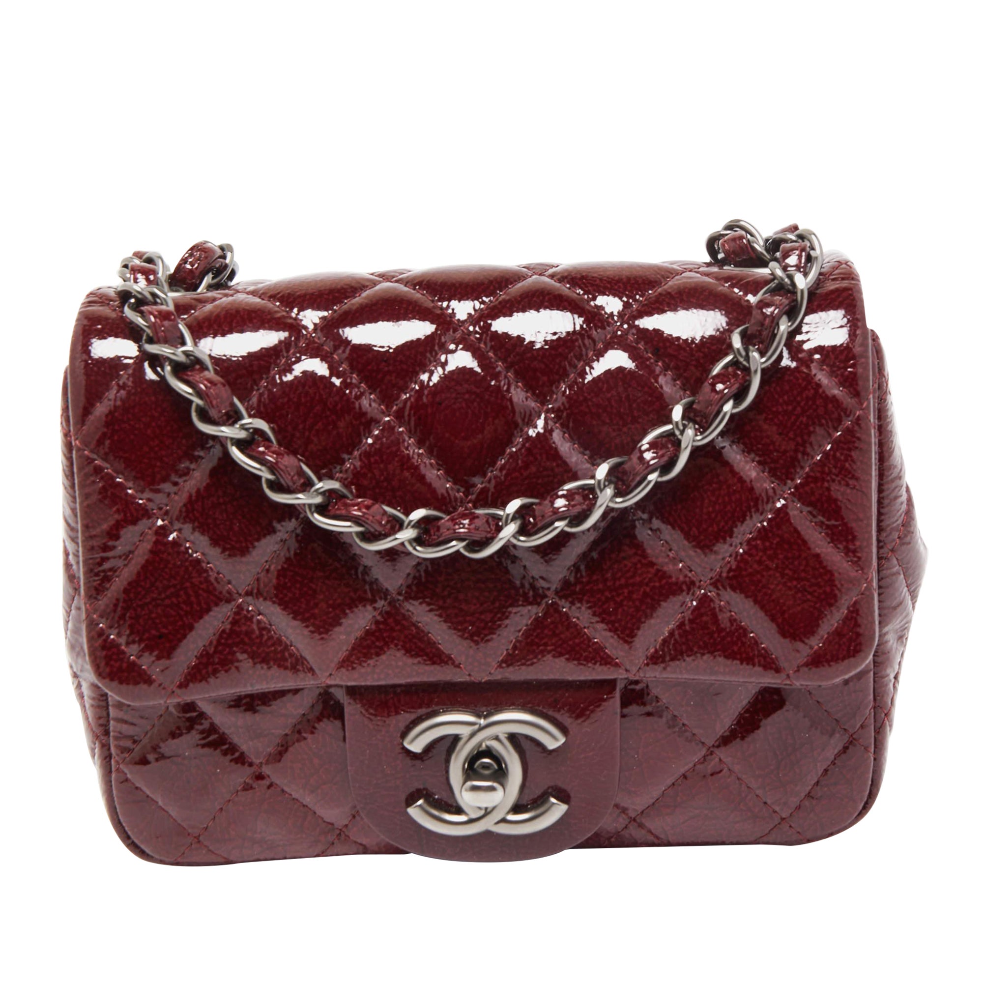 Chanel Red Quilted Patent Leather Mini Square Classic Flap Bag For Sale ...