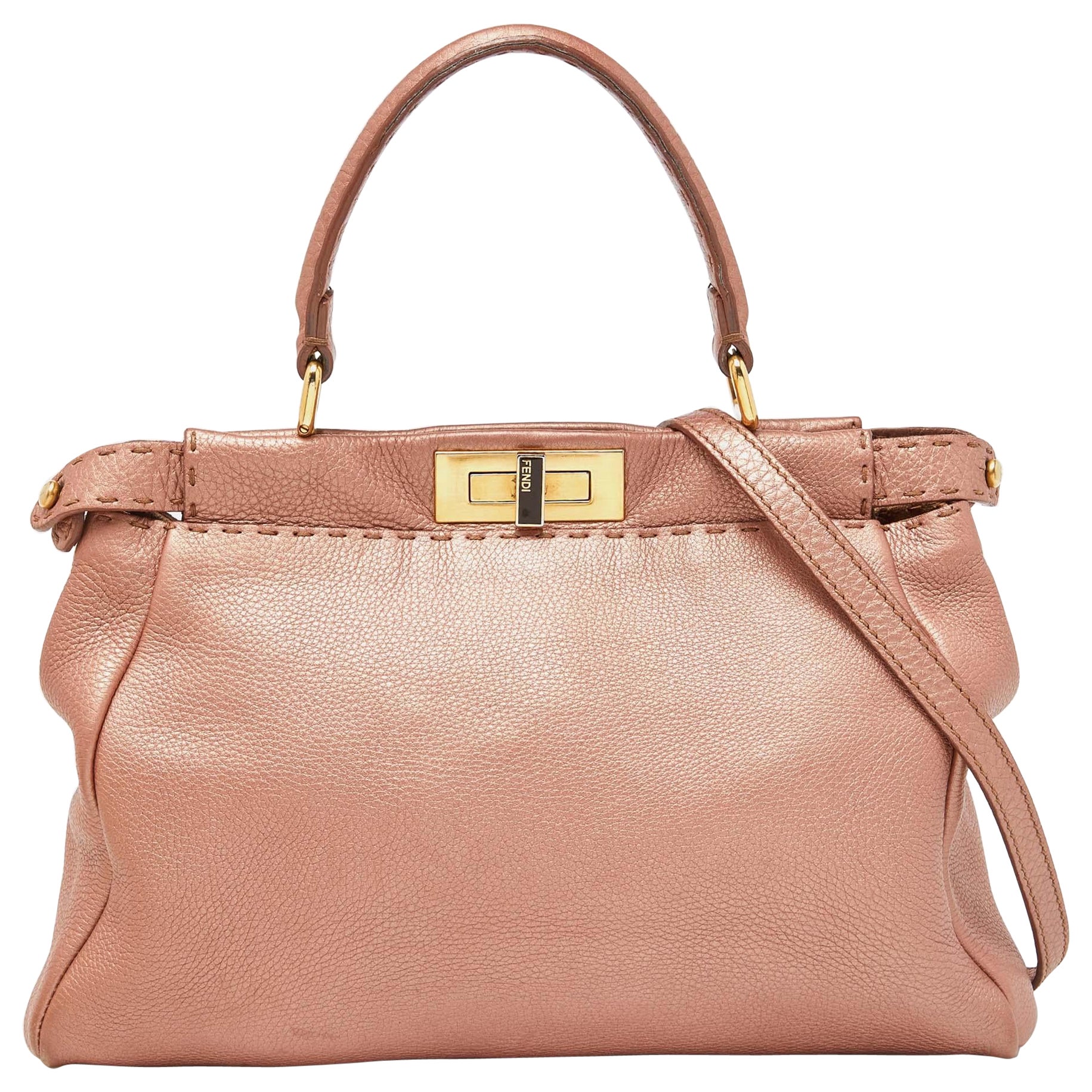 Fendi Metallic Selleria Leather Medium Peekaboo Top Handle Bag For Sale