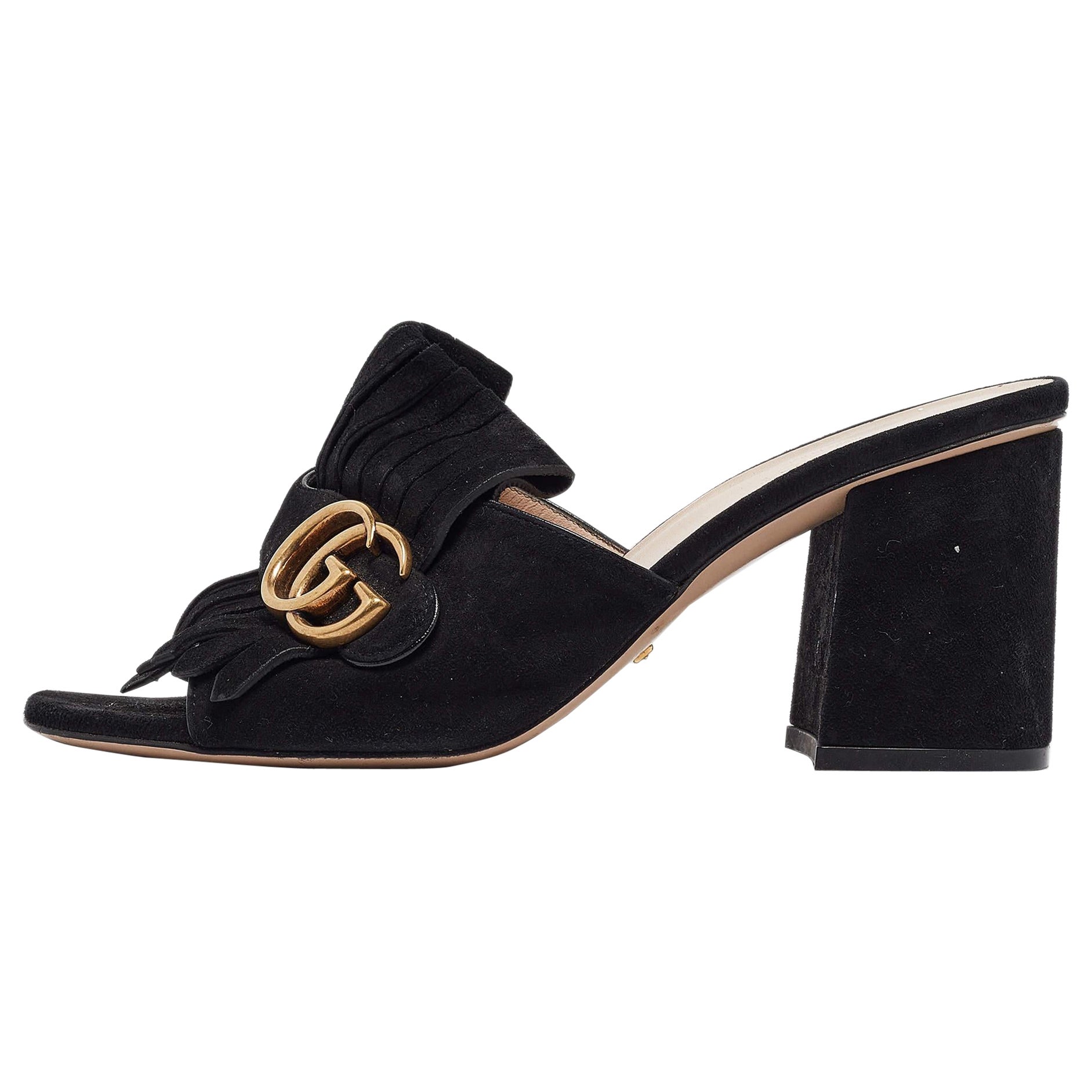 Gucci Black Suede GG Marmont Fringe Mules Size 37.5 For Sale at 1stDibs