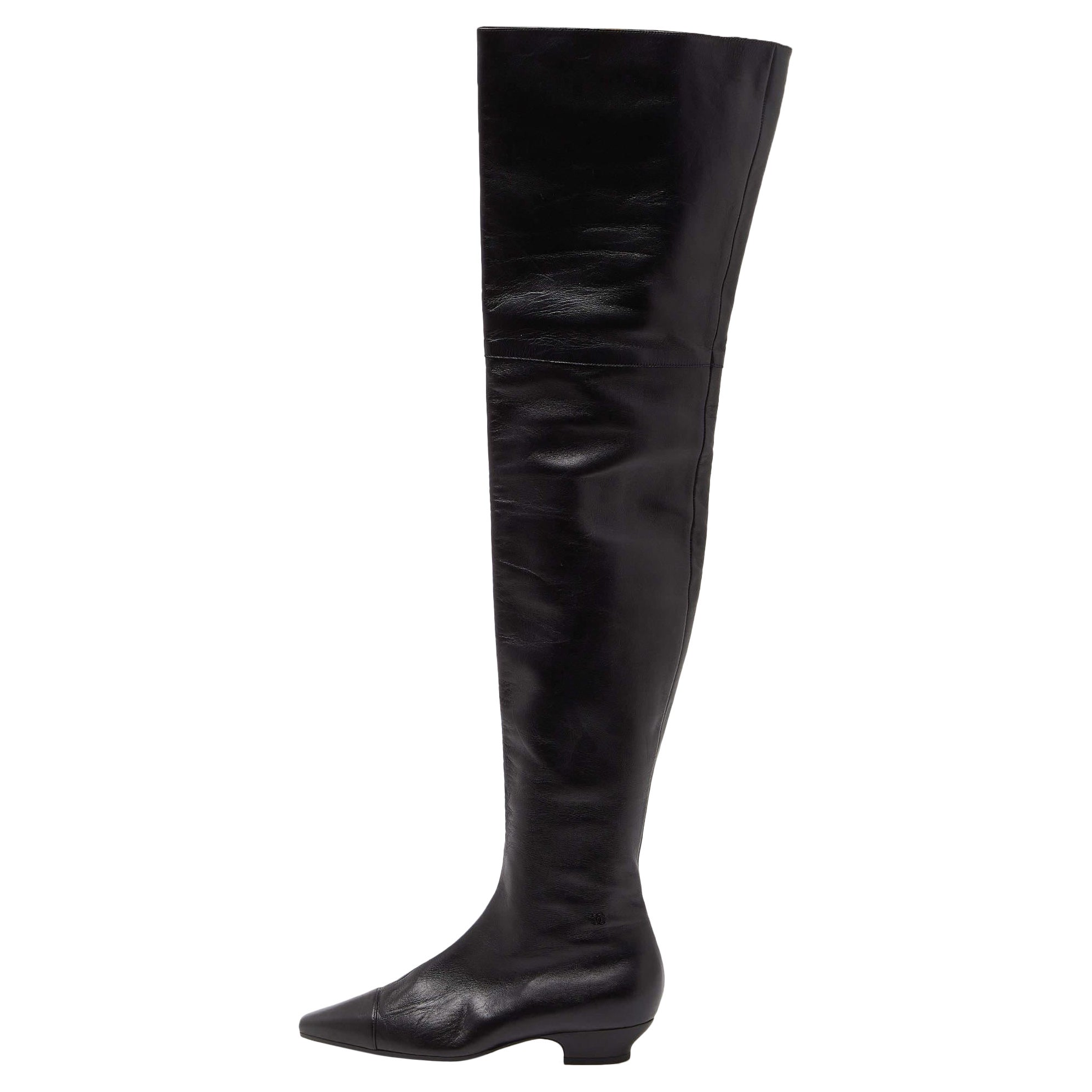 Chanel Black Leather Thigh High Boots Size 37 For Sale at 1stDibs