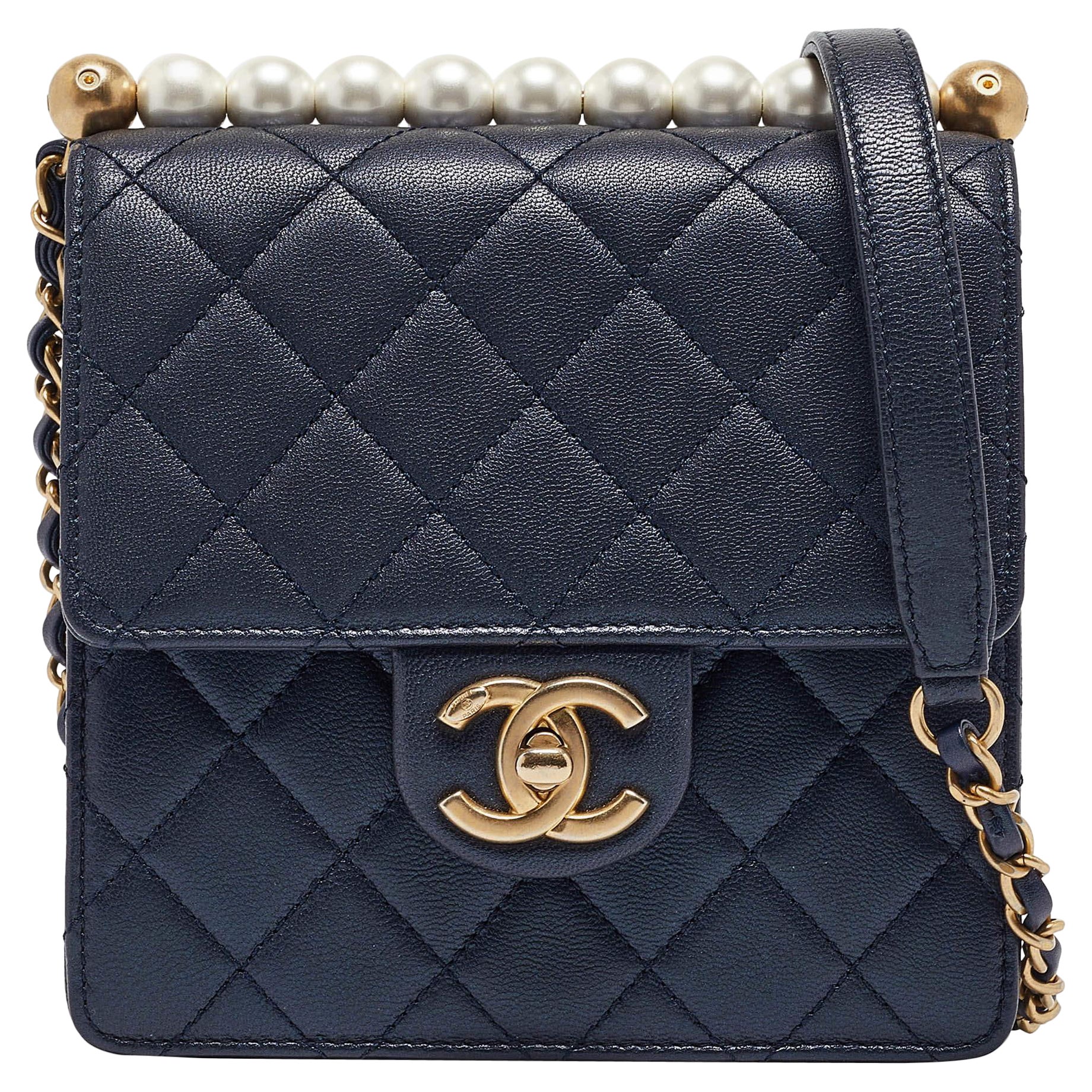 Chanel Navy Blue Quilted Leather Chic Pearls Flap Bag For Sale at 1stDibs