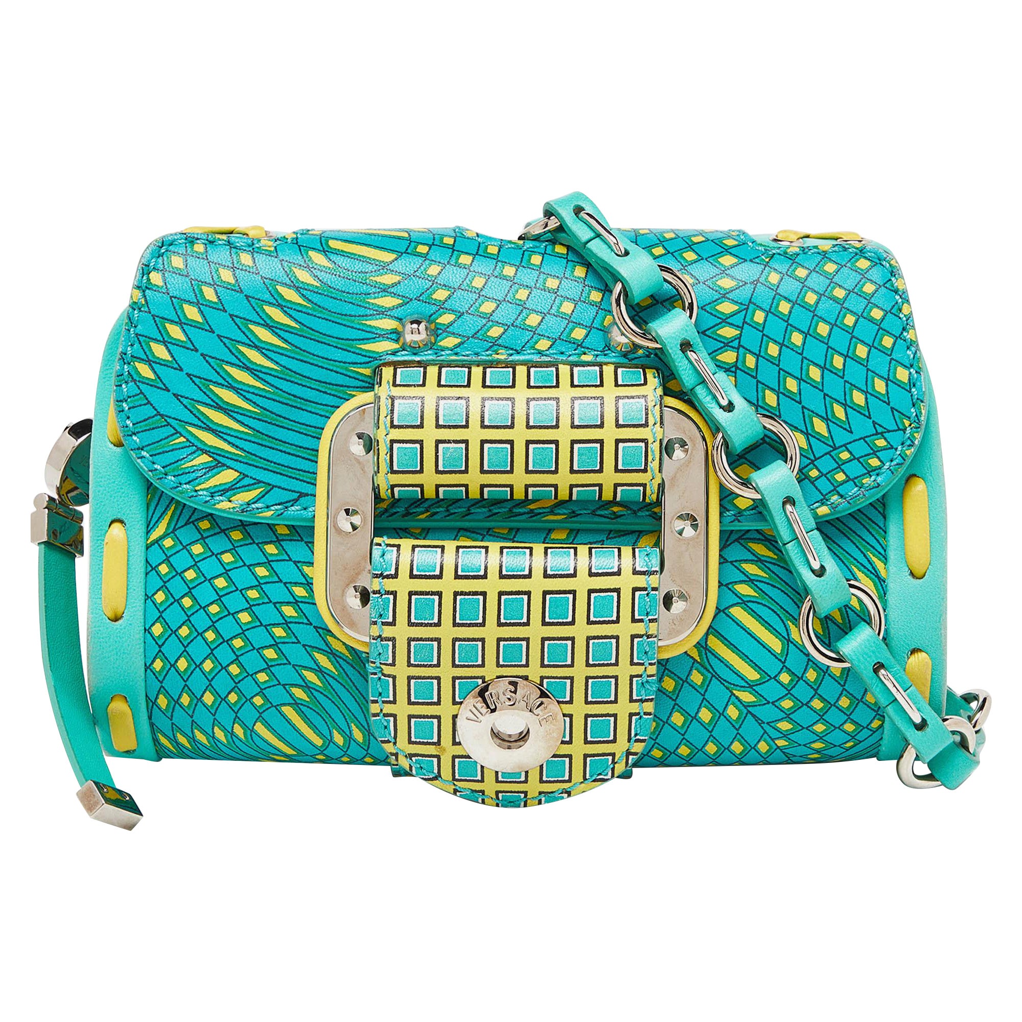 Versace Green/Yellow Printed Leather Crossbody Bag For Sale at 1stDibs