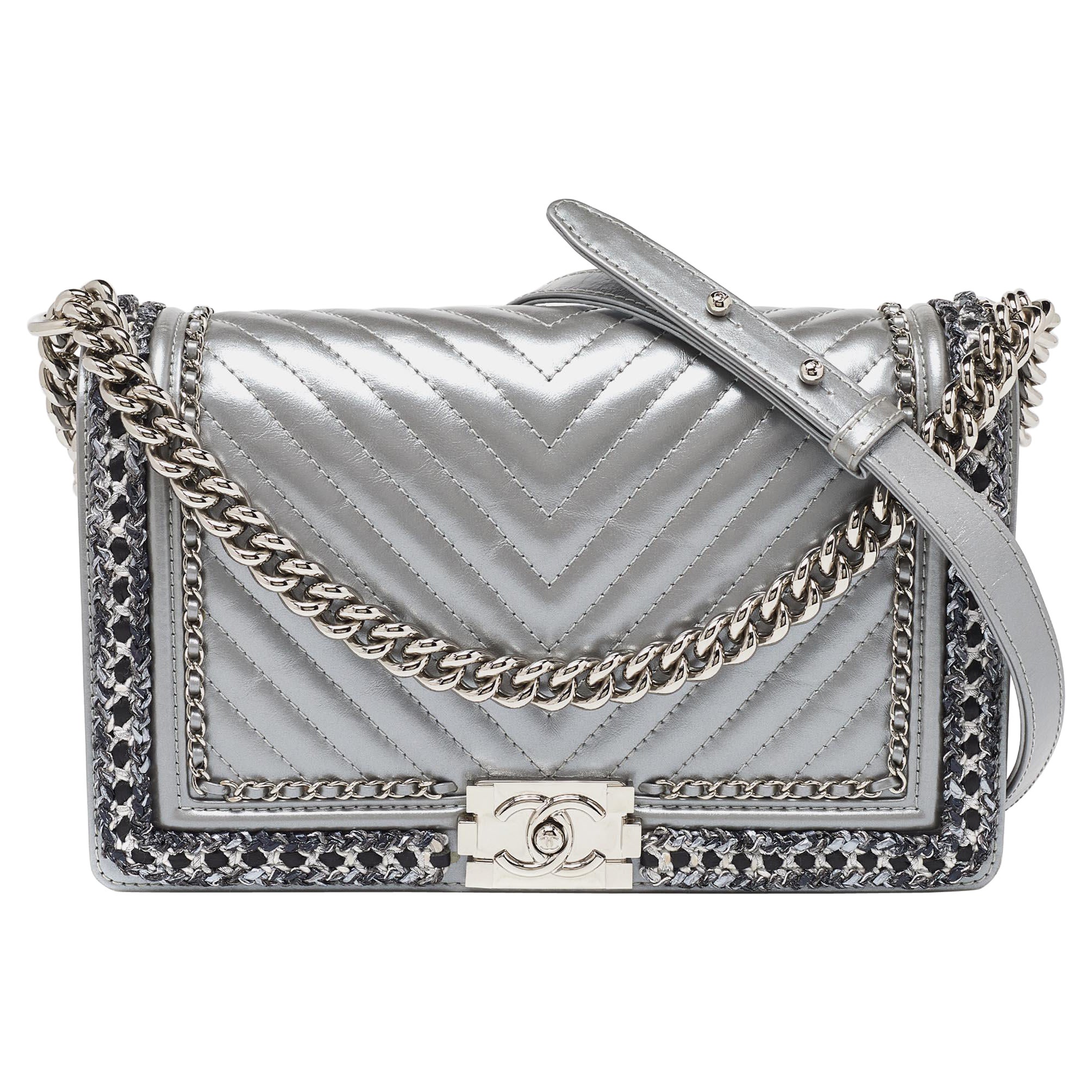 Chanel Silver Quilted Leather New Medium Boy Flap Bag For Sale at 1stDibs