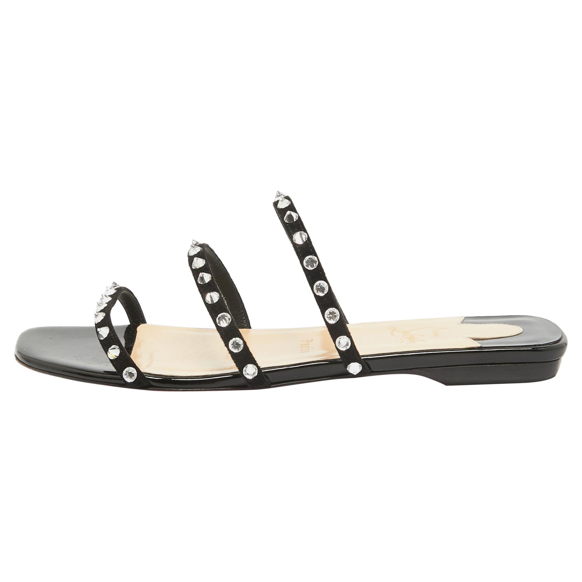 Christian Louboutin Black Suede Crystal Embellished Flat Slides Size 37 ...